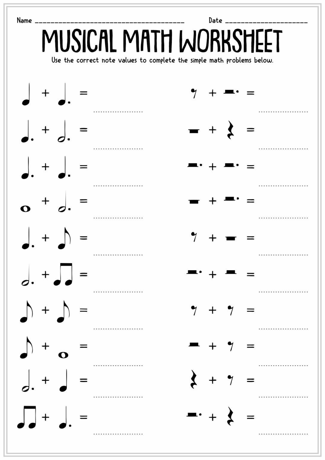 Music Math Worksheet Free Printable - Printable Math Worksheets